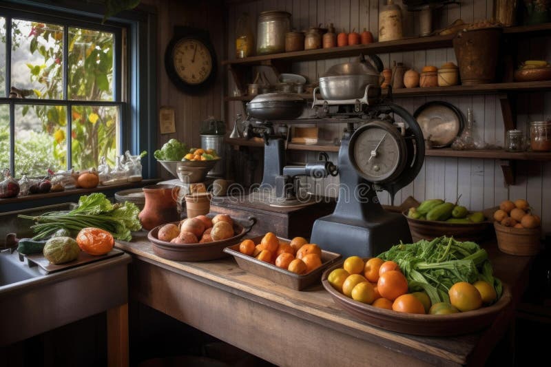 Fruit and Vegetable Stand with Old-fashioned Scales on the Counter ...