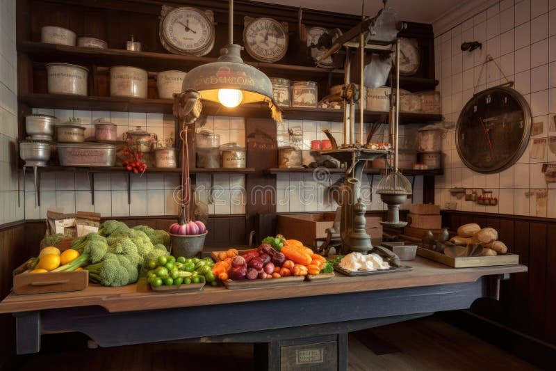 Fruit and Vegetable Stand with Old-fashioned Scales on the Counter ...