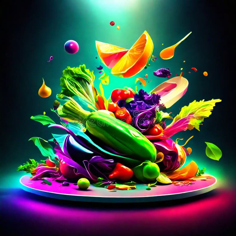 Fruit and Vegetables Falling into the Plate. 3D Illustration Stock ...