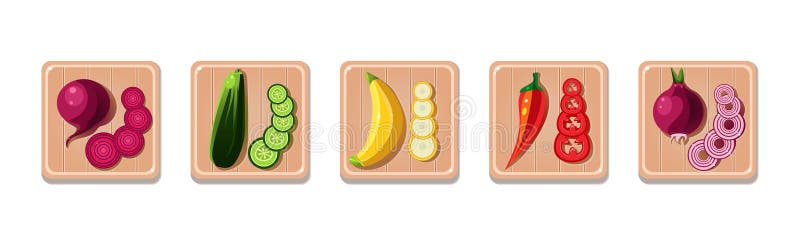 Fruit and Vegetables Sliced and Chopped on Wooden Board Vector Set ...