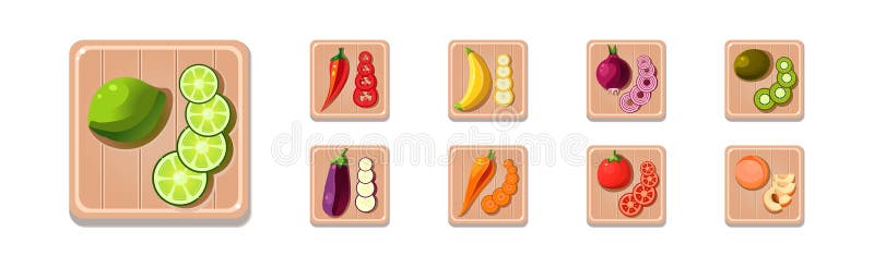 Fruit and Vegetables Sliced and Chopped on Wooden Board Vector Set ...