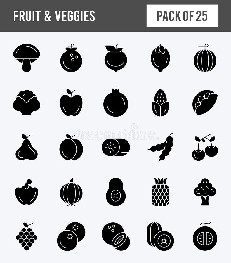 25 Fruit and Veggies Glyph Icon Pack. Vector Illustration Stock Vector ...