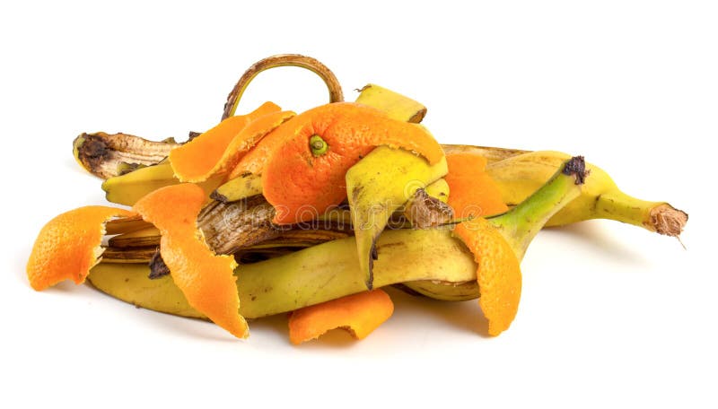 Fruit Waste, Banana Peel and Citrus Isolated on White Background. Stock ...