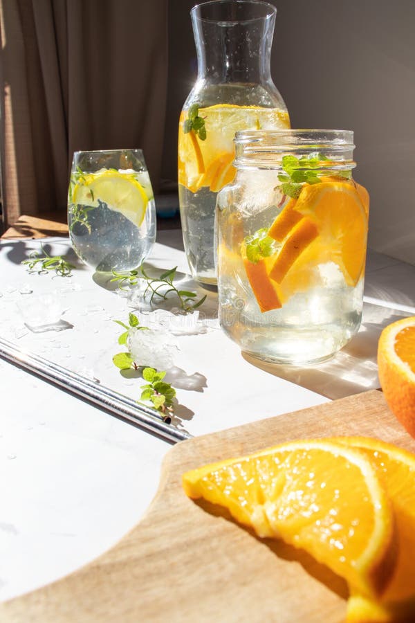 Fruit Water. Water with Lemon and Orange. on a White Background. Stock ...