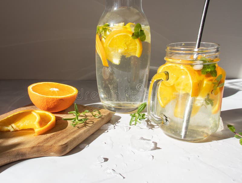 Fruit Water. Water with Lemon and Orange. on a White Background. Stock ...