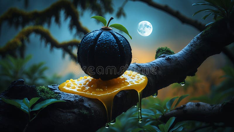 Mysterious Dark Fruit on Glowing Resin, Night Scene Stock Illustration ...