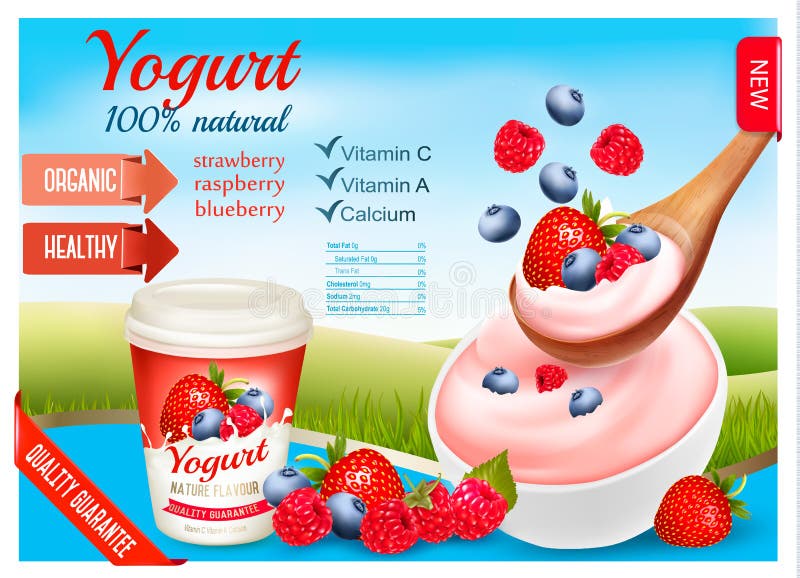 Fruit Yogurt with Berries Advert Concept. Stock Vector - Illustration ...