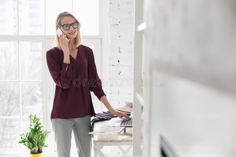 Inspired Female Freelancer Discussing Project Stock Photo - Image of ...