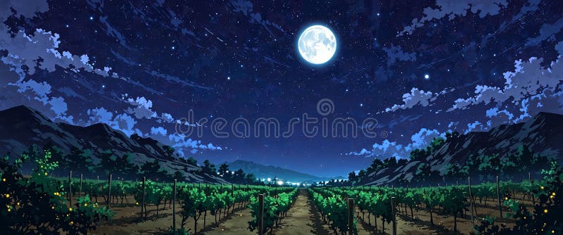 A Fruitful Vineyard on a Full Moon Night and a Clear, Starry Sky in ...