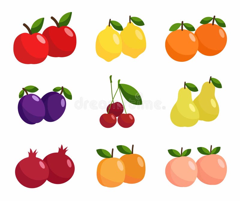 Fruits in Flat Style. Set of Simple Fruit Icon Illustrations. Learning ...