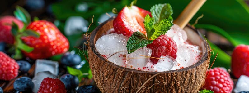 Drink with Fruits, Berries, Coconut and Ice. Selective Focus Stock ...
