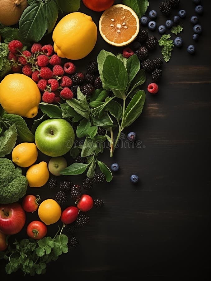 Fruits and Berries are Scattered on a Dark Table. Place for Text ...