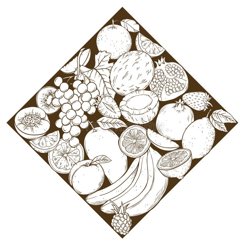 Fruits and Berries, Vector Romb Composition Set Hand Drawn Sketch ...