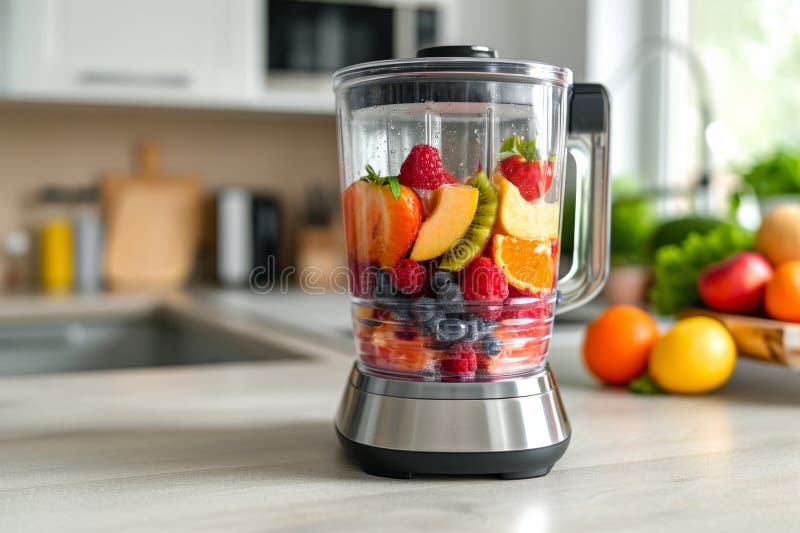 Fruits in Blender on Kitchen Counter Stock Photo - Image of organic ...