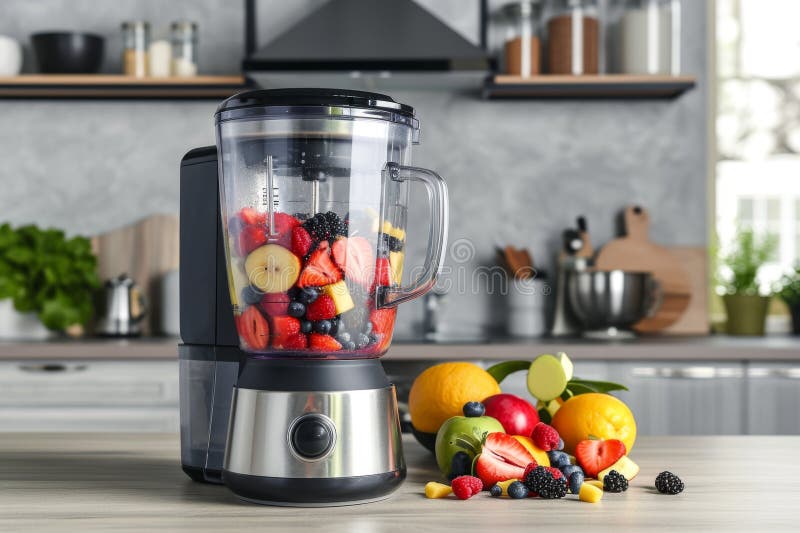Fruits in Blender on Kitchen Counter Stock Image - Image of blend, meal ...