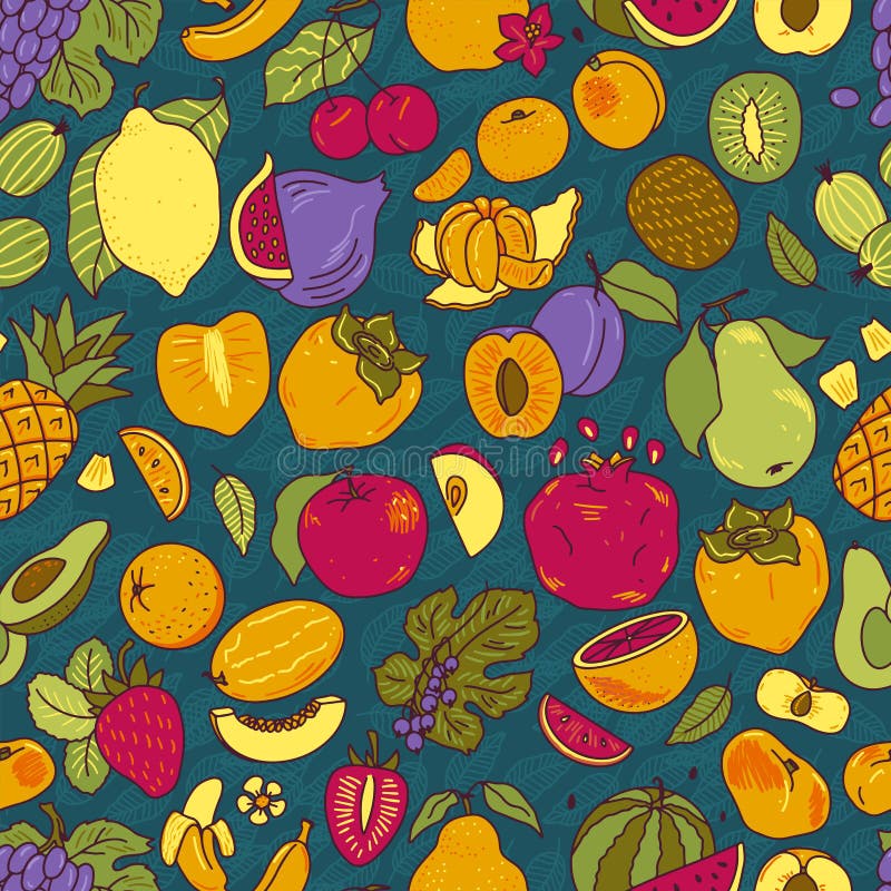 Fruits Color Hand Drawn Vector Seamless Pattern Stock Vector ...