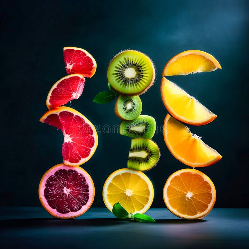 Fruits Cut in Half in the Air Different Coloredg, Generative AI Stock ...