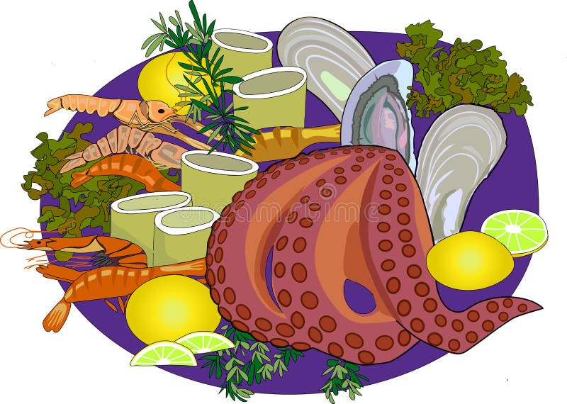 Fruits De Mer Utiles Sur Un Plaaate Bleu Sans Backgeound Illustration ...