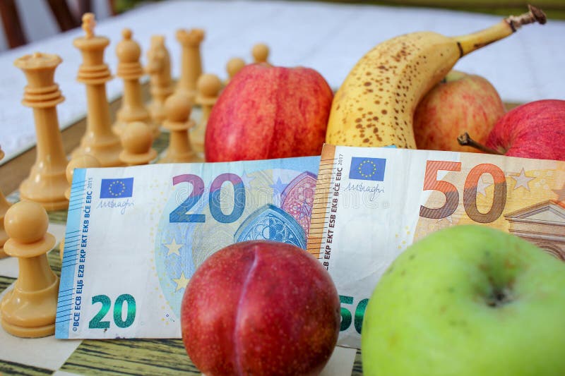 Fruits and Euro Bills on the Chess Board Stock Photo - Image of market ...
