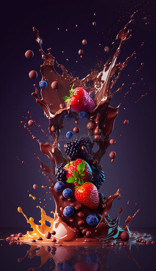 Fruits Fall into the Chocolate Causing Splash. Illustration of ...