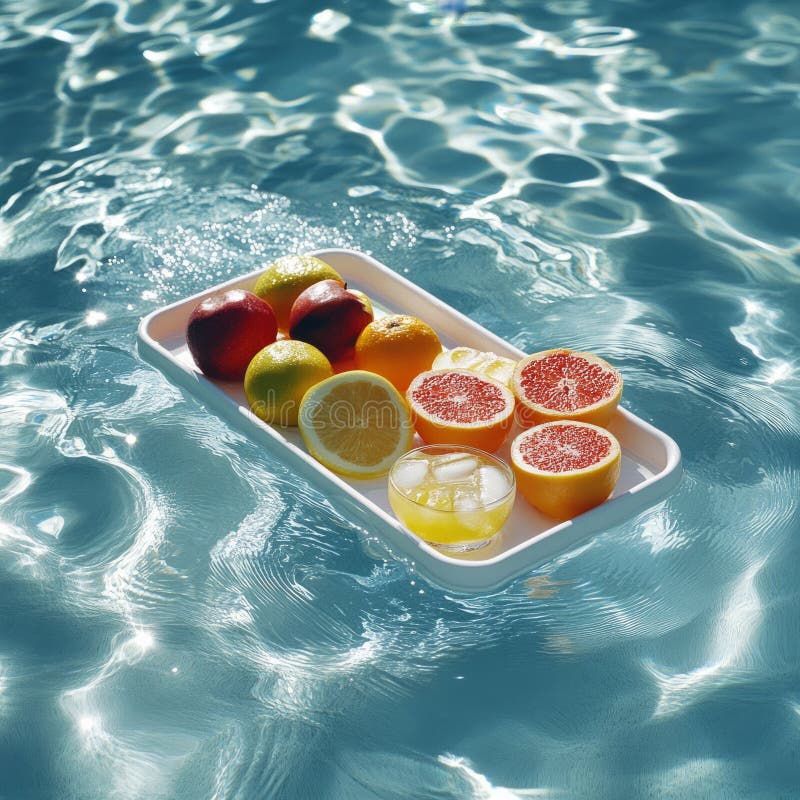 Fruits Floating on a Tray in a Swimming Pool Under Sunlight. Stock ...