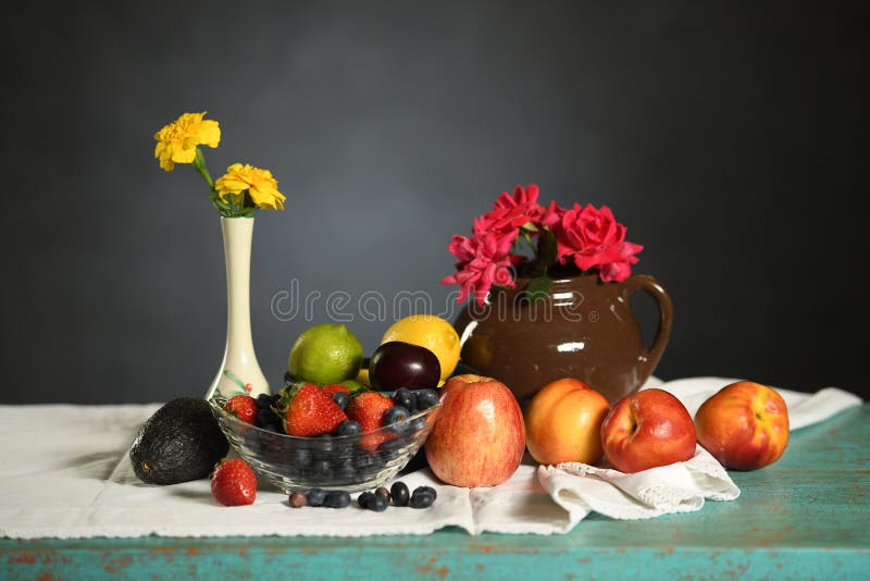 Table with Fruits and Flowers Stock Image - Image of color, glass: 95585987