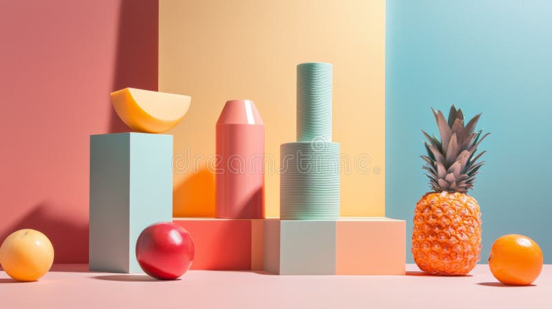 Fruits and Geometric Objects in a Pastel Abstract Setup Stock Image ...