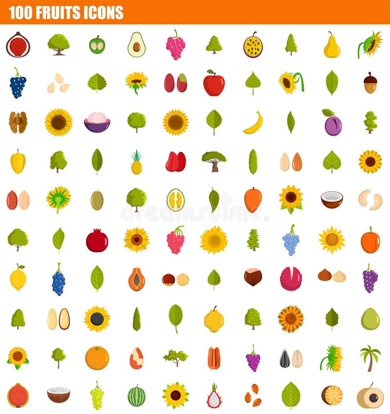 100 Fruits Icon Set, Flat Style Stock Illustration - Illustration of ...