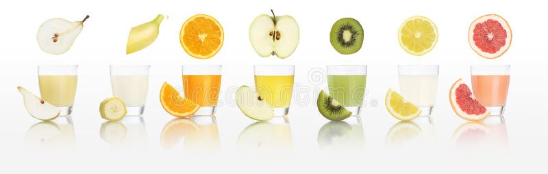 Fruits Juice Glasses, Orange, Lemon, Apple, Carrot and Banana, Stock ...