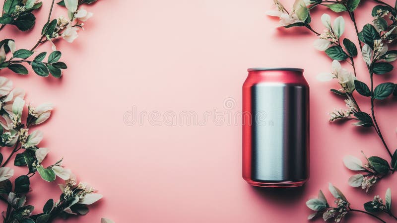 Fruits and Leaves are Depicted on a Pink Drink Can Sitting on a Teal ...