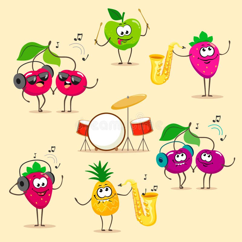 Fun and Musical Set of Cartoon Fruits. Vector Fruit Isolates on White ...