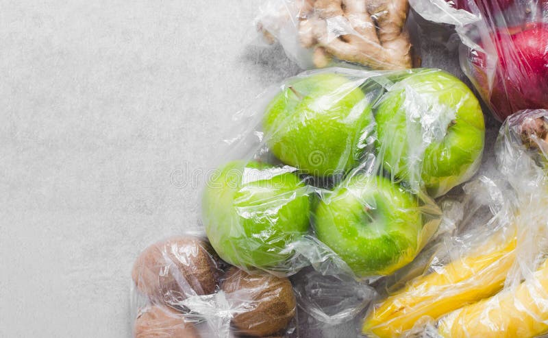 Fruits in Plastic Bags, Shopping with Single-Use Plastic Bags ...