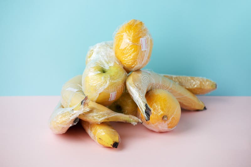 Fruits in Plastic Packaging, Pollution of Earth Concept, Supermarket ...