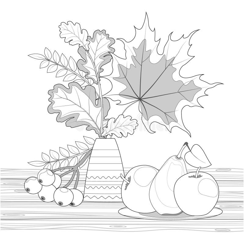 Fruits, Rowan and Autumn Leaves for Coloring Book Page. Stock Vector ...