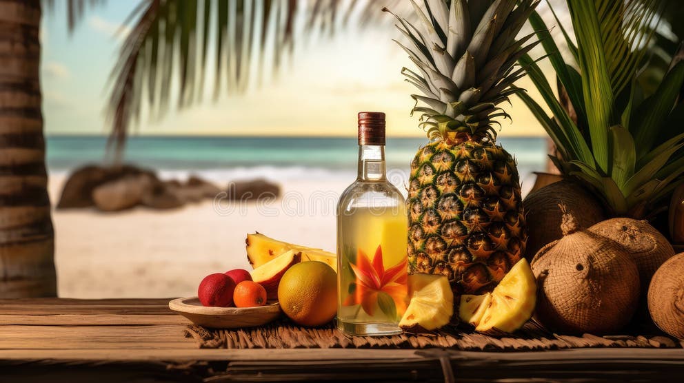 Fruits rum bottle stock illustration. Illustration of wooden - 327512155