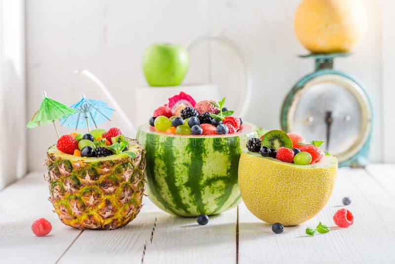 Fruits Salad in Pineapple, Watermelon and Melon Stock Image - Image of ...