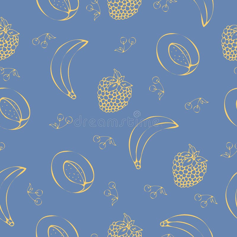 Fruits Seamless Pattern Apricot Banana Raspberry Cherry on Blue ...