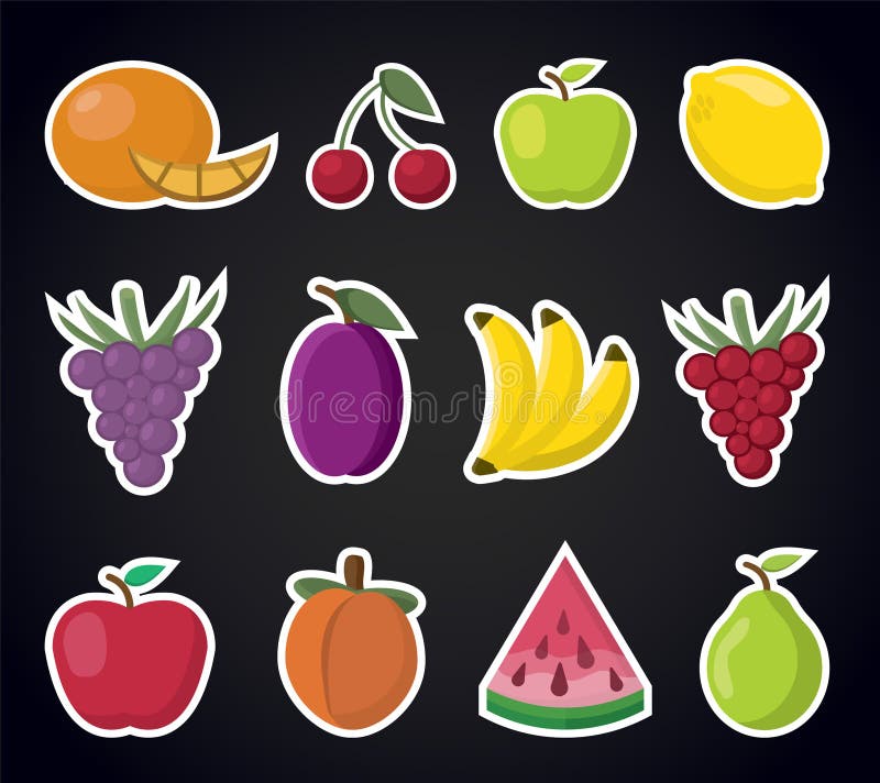 Fruits, Stickers Set. Apple, Grape, Peach, Lemon, Pear, Plum, Orange ... Fruits, Stickers Set. Apple, Grape, Peach, Lemon, Pear, Plum, Orange ...