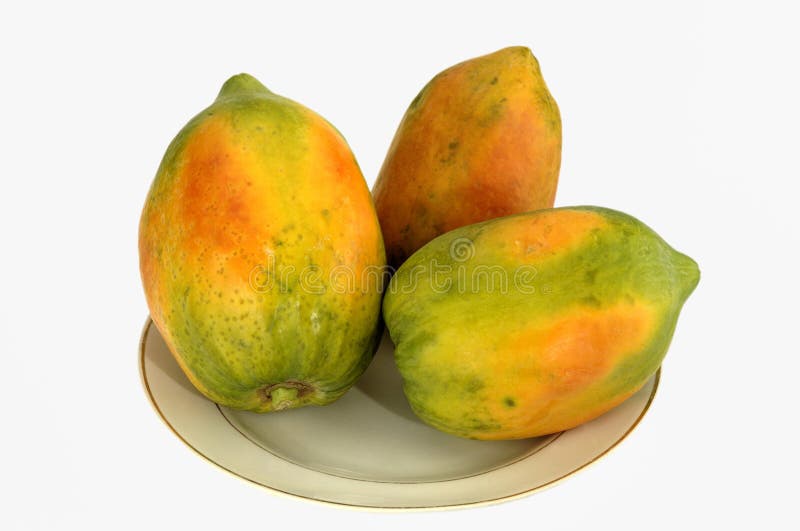Three Full Papaya in Plate on White Background Stock Image - Image of ...