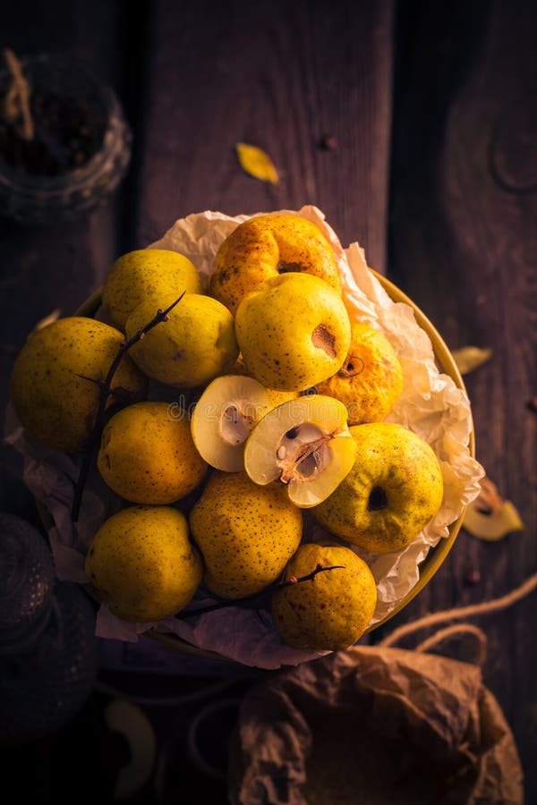 Fruits Twigs Quince Wooden Table Stock Photo - Image of delicacy ...