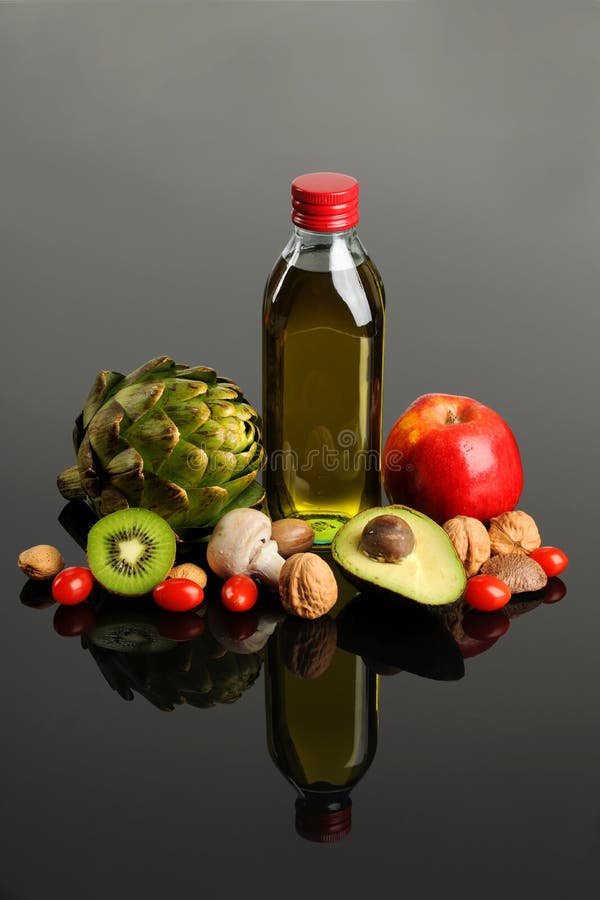 Fruits Vegatables and Olive Oil Stock Photo - Image of groceries, green ...