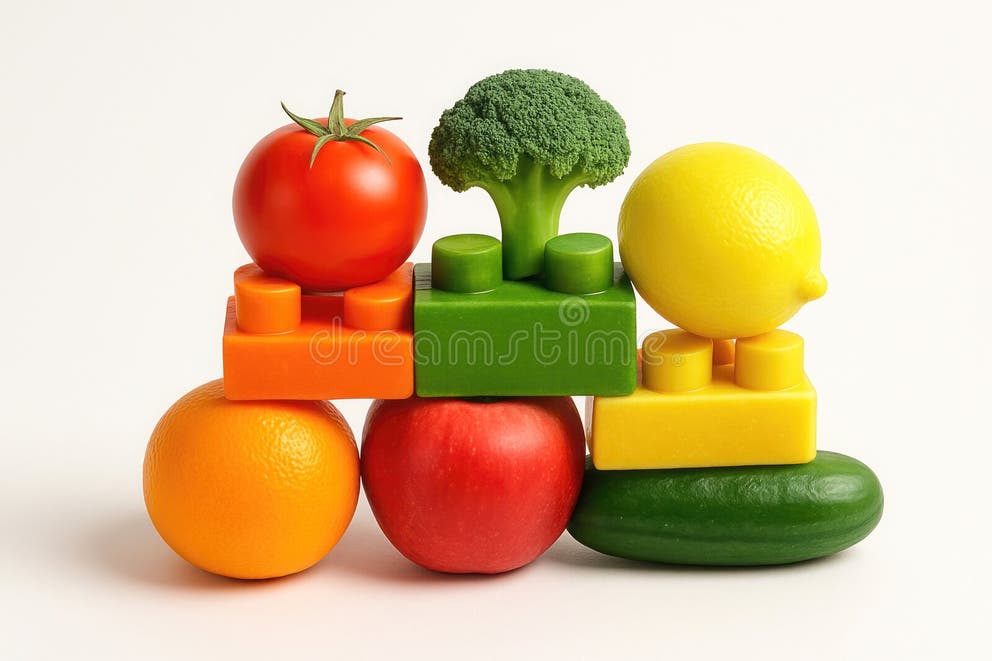 Fruits and Vegetables As Colored Building Blocks. Stock Image - Image ...