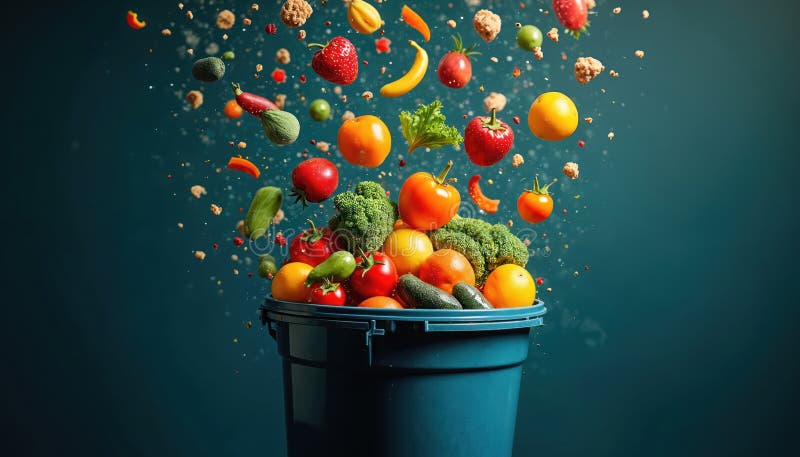 Fruits, Vegetables Fall into Garbage Container. Food Waste Reduction ...