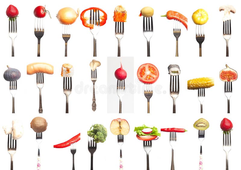 Fruits and Vegetables on the Forks. Healthy Food Stock Photo - Image of ...