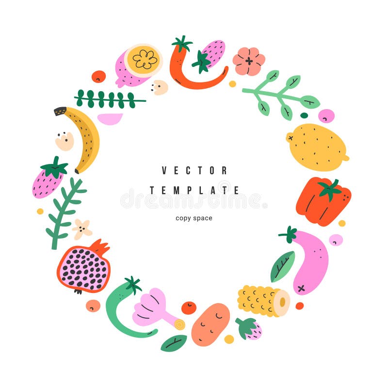 Fruits Vegetables Frame, Circle Border Template with Copyspace and ...