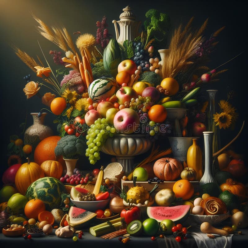 Fruits and Vegetables in Large Quantities on a Table Stock Illustration ...