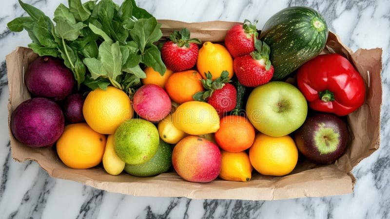 Fruits and Vegetables in a Paper Bag on a Marble Surface Providing ...