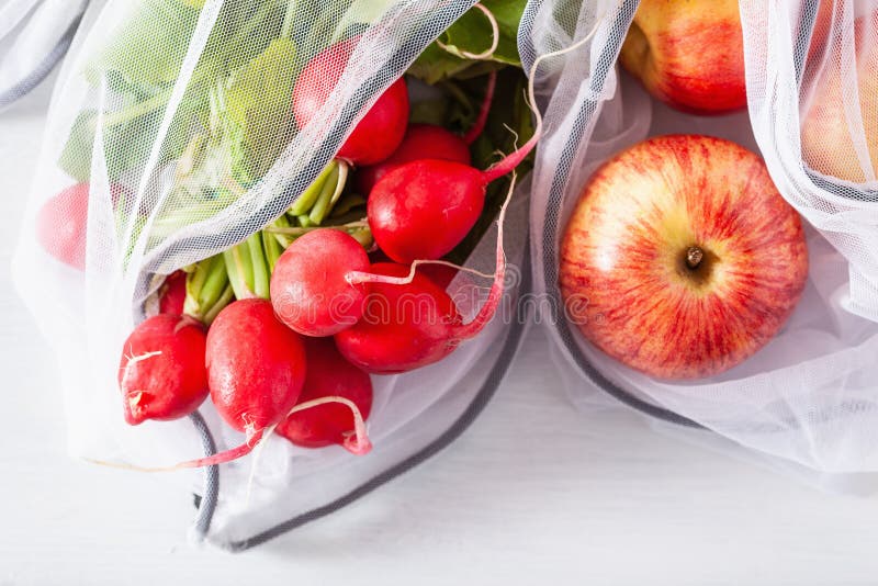 Fruits and Vegetables Radish Apple in Reusable Mesh Nylon Bag, Plastic ...