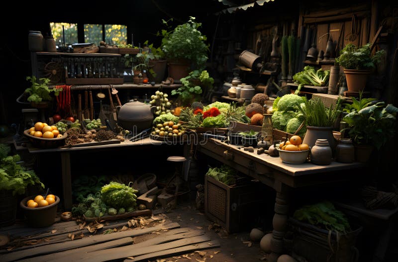 Fruits and Vegetables in Rustic Farm Kitchen (AI Generated) Stock ...