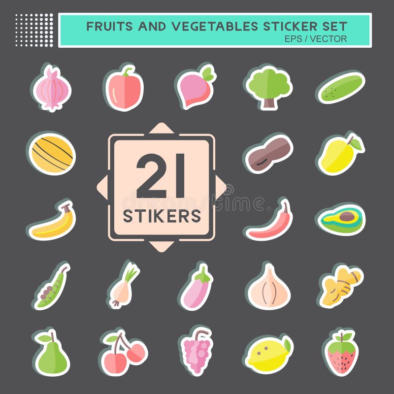 Fruits and Vegetables Sticker Set in Trendy Isolated on Black ...